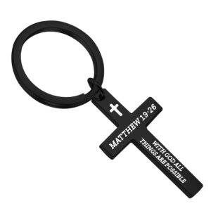 kuiyai matthew 19:26 with god all things are possible cross religious keychain christian gift bible verse inspirational keyring (black keychain)