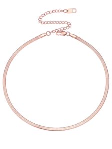 focalook rose gold plated flat snake chain necklace herringbone necklace pink choker necklaces for women 3mm(w) 12.5+3.5"(l)