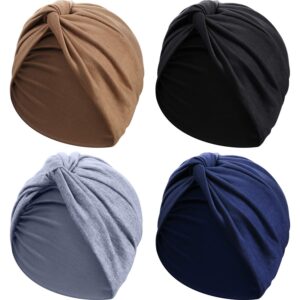 satinior 4 pieces turbans for women soft pre tied knot fashion pleated cancer turban cap chemo headwrap sleep hat, 4 colors (black, khaki, navy blue, gray)