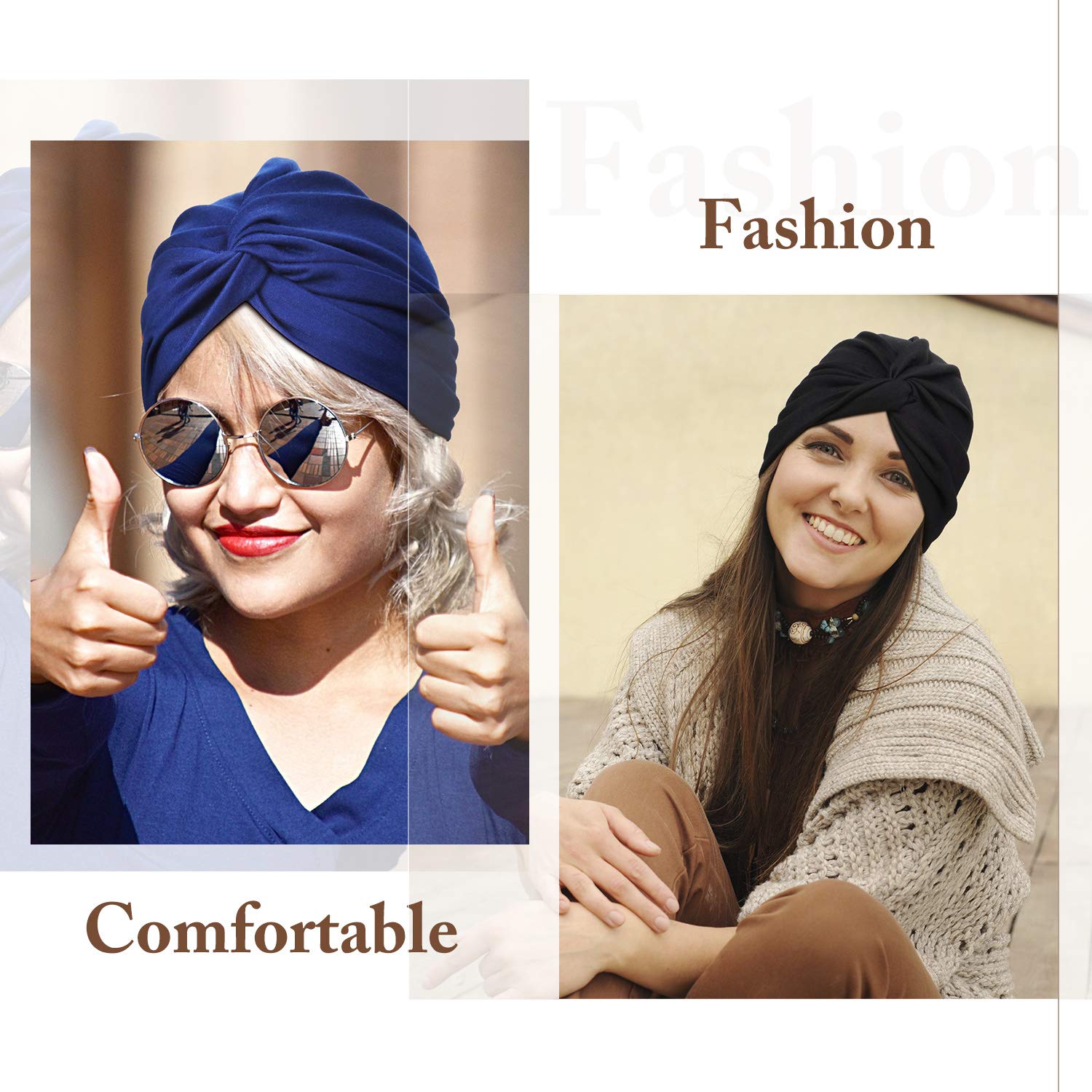 SATINIOR 4 Pieces Turbans for Women Soft Pre Tied Knot Fashion Pleated Cancer Turban Cap Chemo Headwrap Sleep Hat, 4 Colors (Black, Khaki, Navy Blue, Gray)