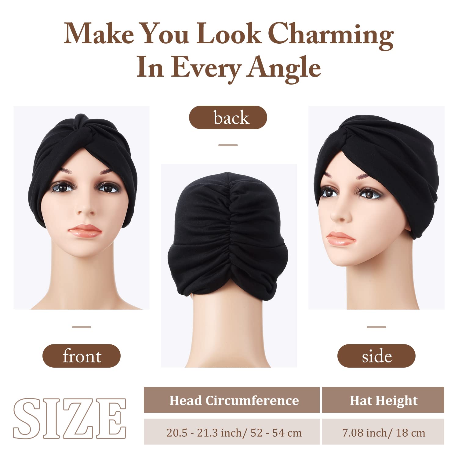 SATINIOR 4 Pieces Turbans for Women Soft Pre Tied Knot Fashion Pleated Cancer Turban Cap Chemo Headwrap Sleep Hat, 4 Colors (Black, Khaki, Navy Blue, Gray)