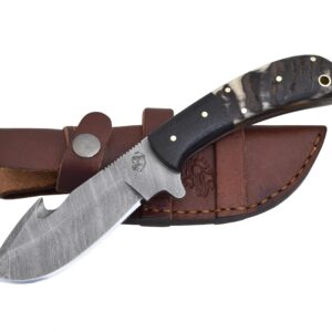 Knives Ranch Handmade Gut-Hook Skinning Knife - Ram's Horn Handle - Heavy-Duty Leather Sheath (2048-RH)