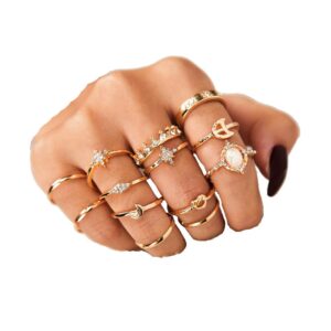 csiyanjry99 boho gold rings for women star moon knuckle ring set,vintage stackable midi finger rings cute trend aesthetic jewelry (c)