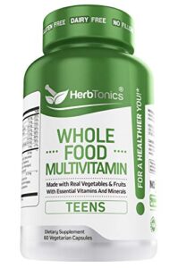 whole food multivitamin for teens (boys & girls) kids & children plant based with 62 superfoods raw veggies, fruits vitamin complex supplement vegan & vegetarian 60 capsules