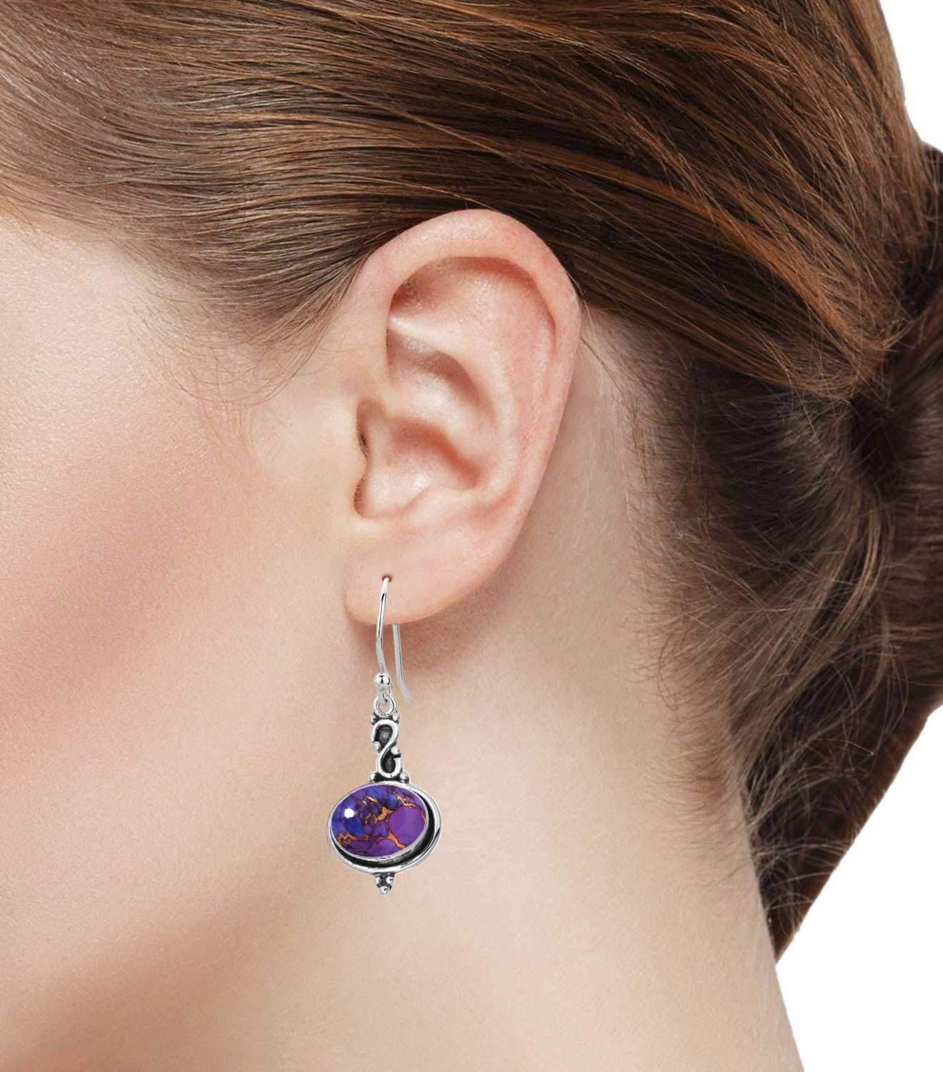 JEWELOPORIUM 925 Silver Earring for Women Silver Earring Copper Purple Turquoise Stone Drop Dangle Solitaire Mothers' Day Gift Costume Jewelry