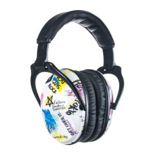 protear kids ear protection safety ear muffs, nrr 25db noise reduction children earmuffs, hearing protectors for sleeping, studying, airplane, concerts, fireworks - graffiti with black band