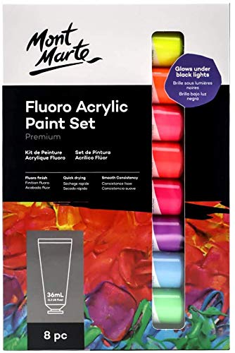 Mont Marte Fluoro Acrylic Paint Set, 8 x 1.02oz (36ml) Tubes, 8 Colors, Suitable for Most Surfaces Including Canvas, Card, Paper and Wood