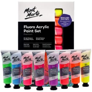 mont marte fluoro acrylic paint set, 8 x 1.02oz (36ml) tubes, 8 colors, suitable for most surfaces including canvas, card, paper and wood