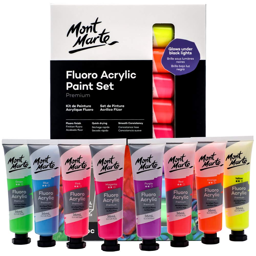 Mont Marte Fluoro Acrylic Paint Set, 8 x 1.02oz (36ml) Tubes, 8 Colors, Suitable for Most Surfaces Including Canvas, Card, Paper and Wood