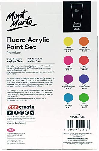 Mont Marte Fluoro Acrylic Paint Set, 8 x 1.02oz (36ml) Tubes, 8 Colors, Suitable for Most Surfaces Including Canvas, Card, Paper and Wood