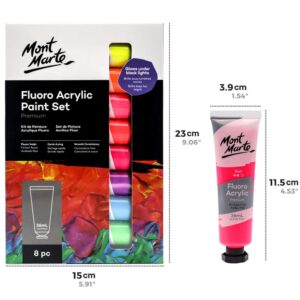 Mont Marte Fluoro Acrylic Paint Set, 8 x 1.02oz (36ml) Tubes, 8 Colors, Suitable for Most Surfaces Including Canvas, Card, Paper and Wood