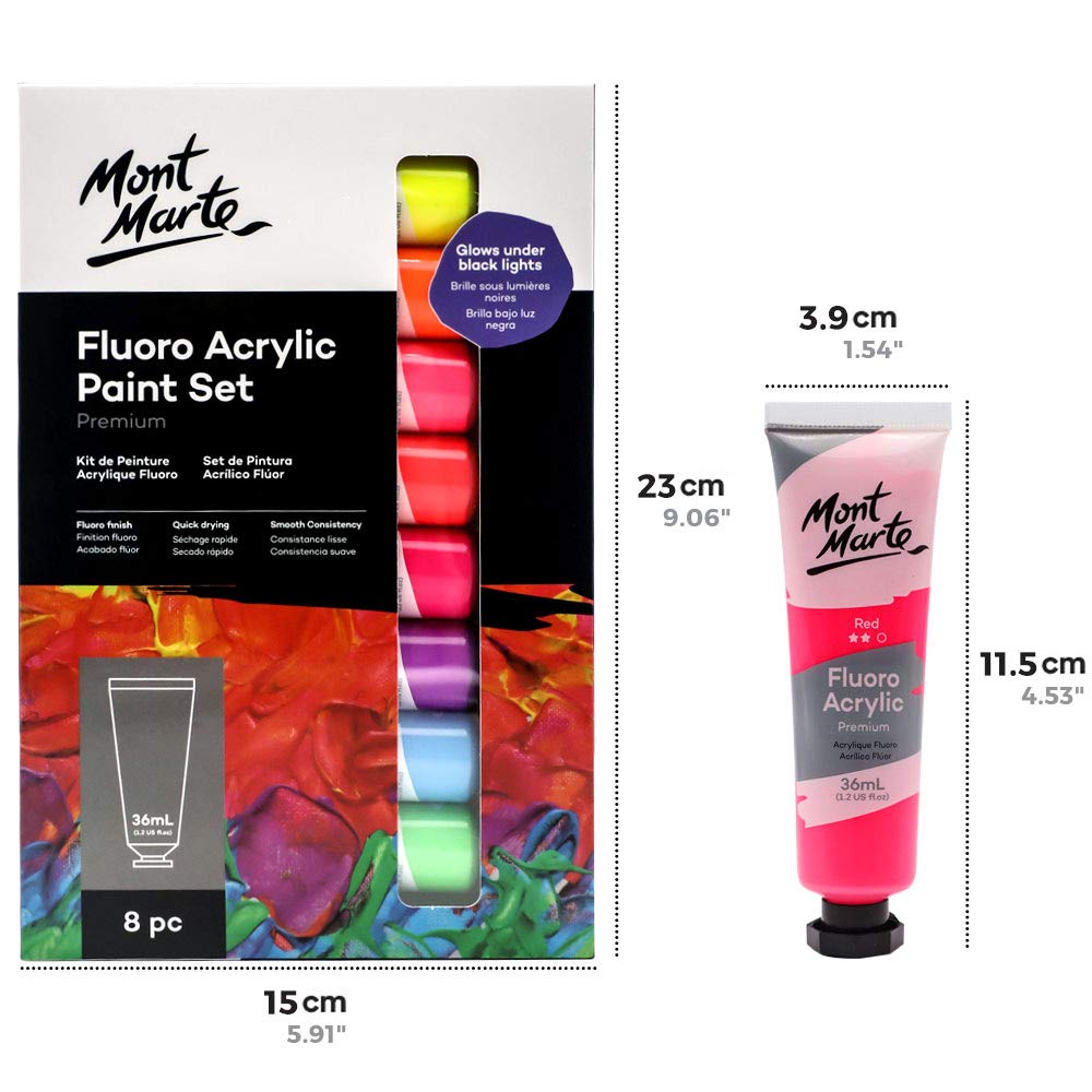 Mont Marte Fluoro Acrylic Paint Set, 8 x 1.02oz (36ml) Tubes, 8 Colors, Suitable for Most Surfaces Including Canvas, Card, Paper and Wood