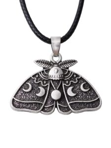 haquil moth necklace, moon phase moth pendant, faux leather cord, wiccan moth jewelry gift for women