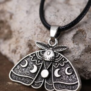 HAQUIL Moth Necklace, Moon Phase Moth Pendant, Faux Leather Cord, Wiccan Moth Jewelry Gift for Women