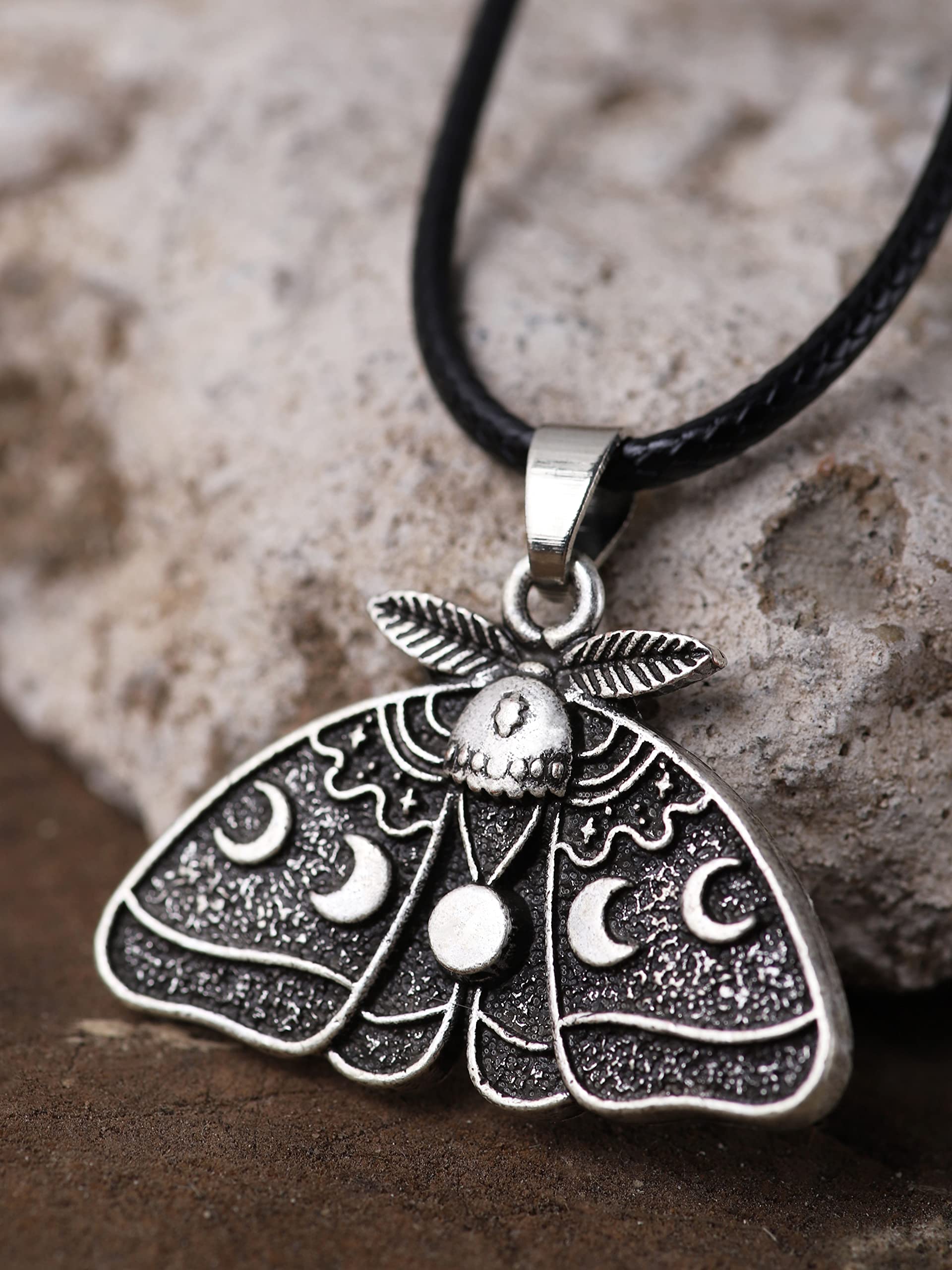 HAQUIL Moth Necklace, Moon Phase Moth Pendant, Faux Leather Cord, Wiccan Moth Jewelry Gift for Women