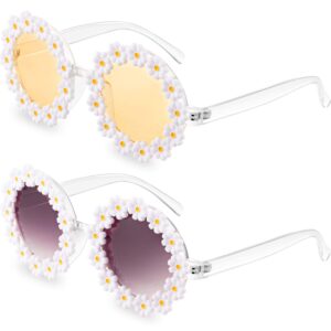 2 pairs daisy flower sunglasses for women round flower glasses for adult kids decor with glasses cloth flannel bag (grey, yellow)