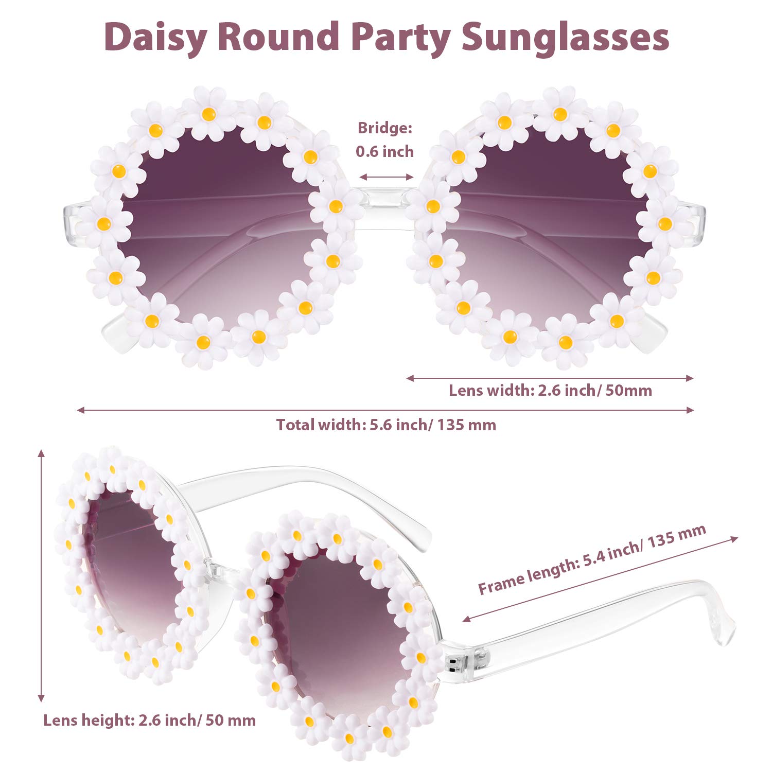 2 Pairs Daisy Flower Sunglasses for Women Round Flower Glasses for Adult kids Decor with Glasses Cloth Flannel Bag (Grey, Yellow)