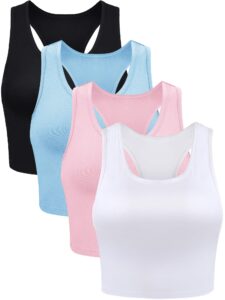 boao 4 pieces basic crop tank tops sleeveless racerback crop top for women (black, white, blue, pink, large)