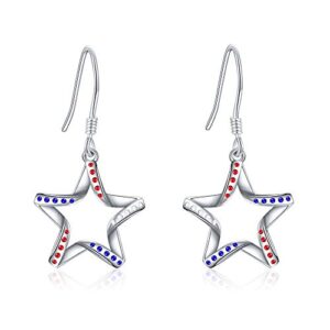 usa flag dangle earrings for women: 925 sterling silver american patriotic red white and blue star drop earrings america independence day 4th of july patriotic jewelry gifts (star)