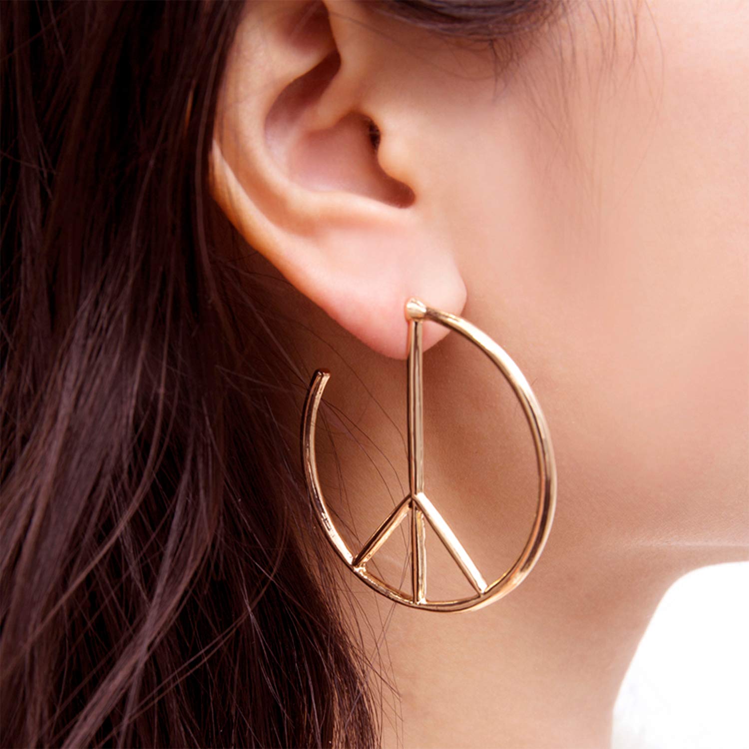 JinYu Peace Sign Symbol Geometric Stud Earrings Jewelry Minimalist Big Round Hoop Statement Earrings for Women (Gold)