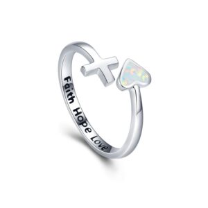 justkidstoy s925 sterling silver love heart ring engraved faith hope love blue/white open adjustable opal wrap rings inspirational jewelry for women (white opal-6)