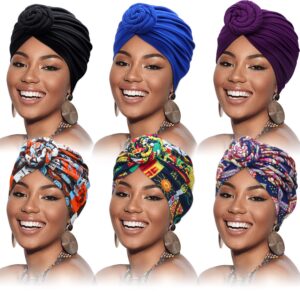 6 pieces women african turban flower knot pre-tied bonnet beanie headwrap (simple patterns) multicoloured