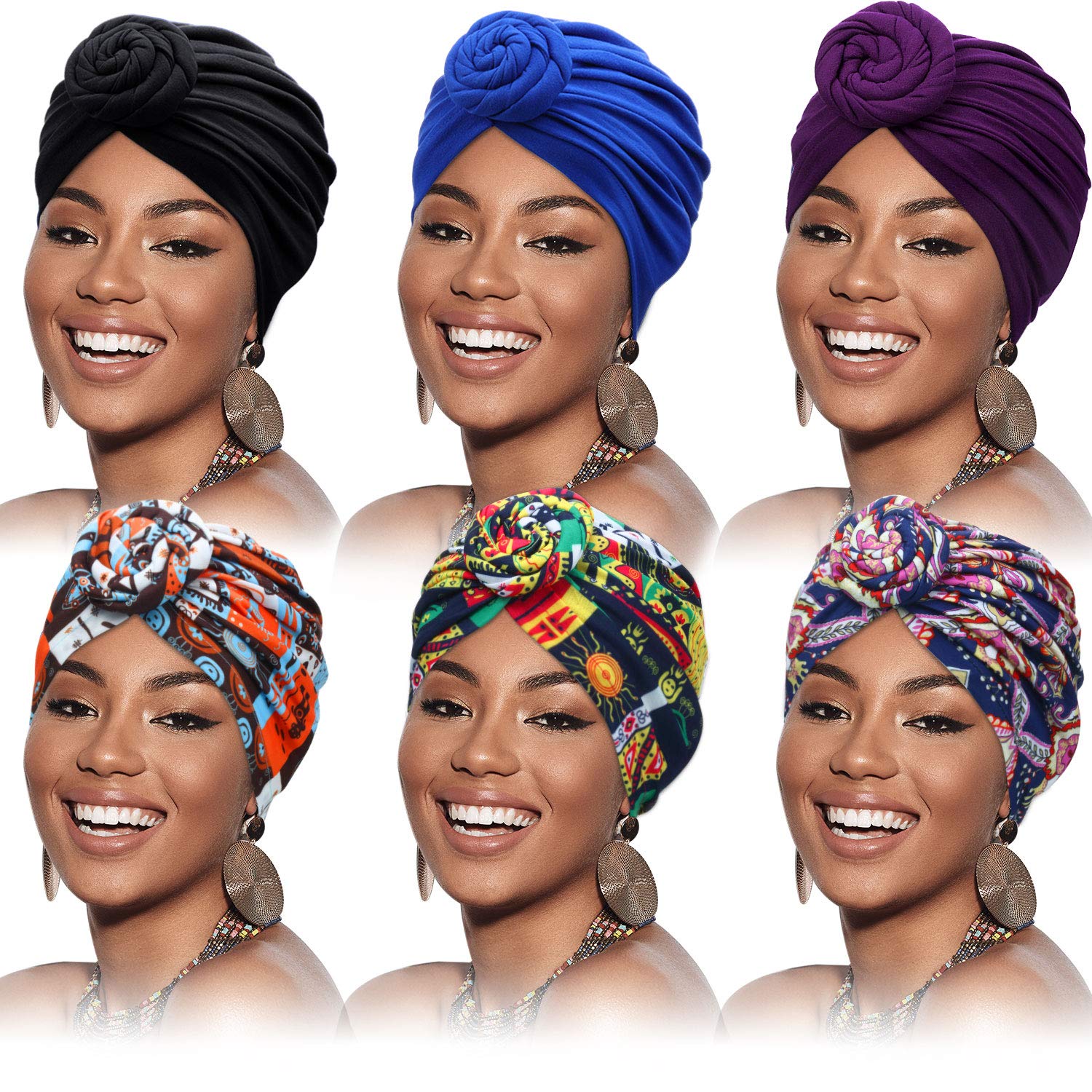 6 Pieces Women African Turban Flower Knot Pre-Tied Bonnet Beanie Headwrap (Simple Patterns) Multicoloured