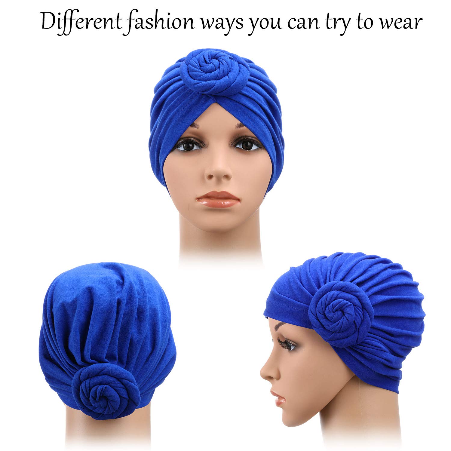 6 Pieces Women African Turban Flower Knot Pre-Tied Bonnet Beanie Headwrap (Simple Patterns) Multicoloured