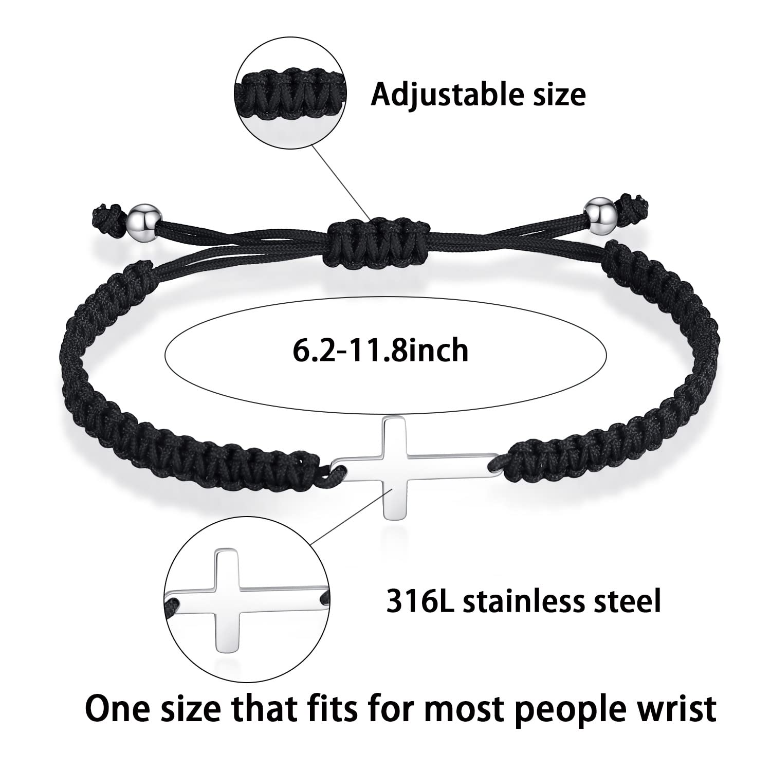 JAYUMO Cross Bracelet for Women, Ankh Cross Adjustable Nylon Rope Christian Handmade Braided Bracelet for Men Women (Black Cross)