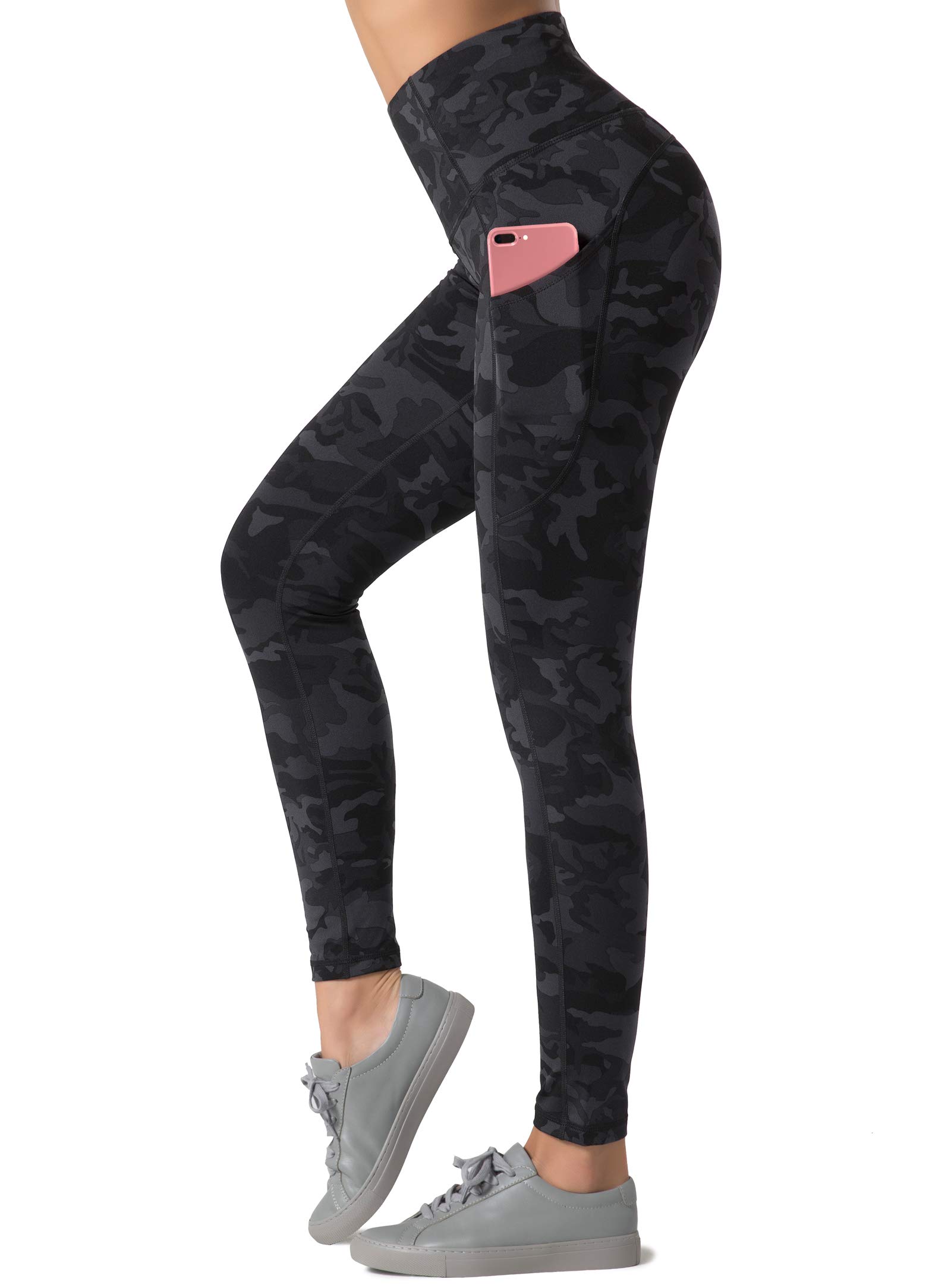 Dragon Fit High Waist Yoga Leggings with 3 Pockets,Tummy Control Workout Running 4 Way Stretch Yoga Pants (Small, Black&Grey Camo)