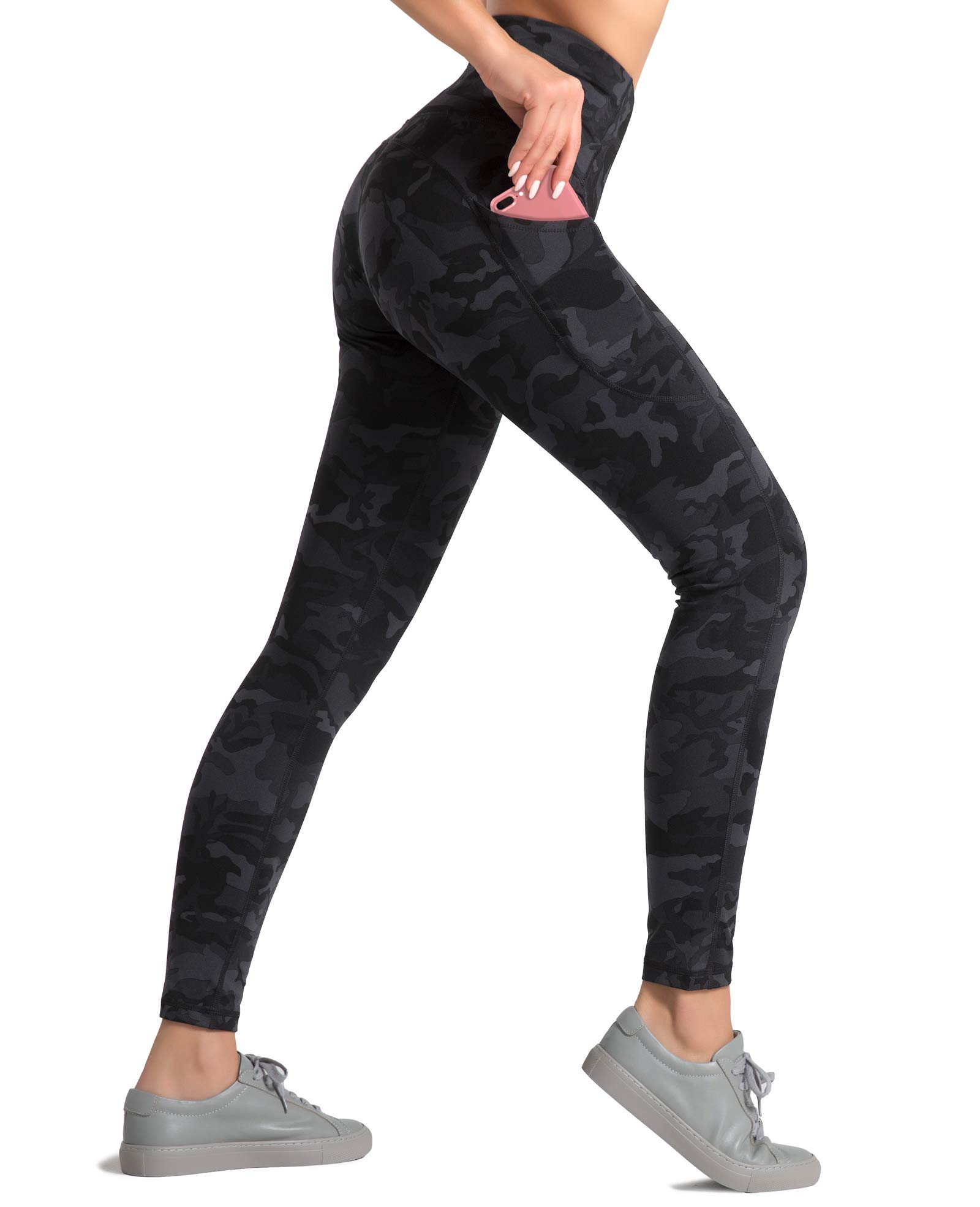 Dragon Fit High Waist Yoga Leggings with 3 Pockets,Tummy Control Workout Running 4 Way Stretch Yoga Pants (Small, Black&Grey Camo)