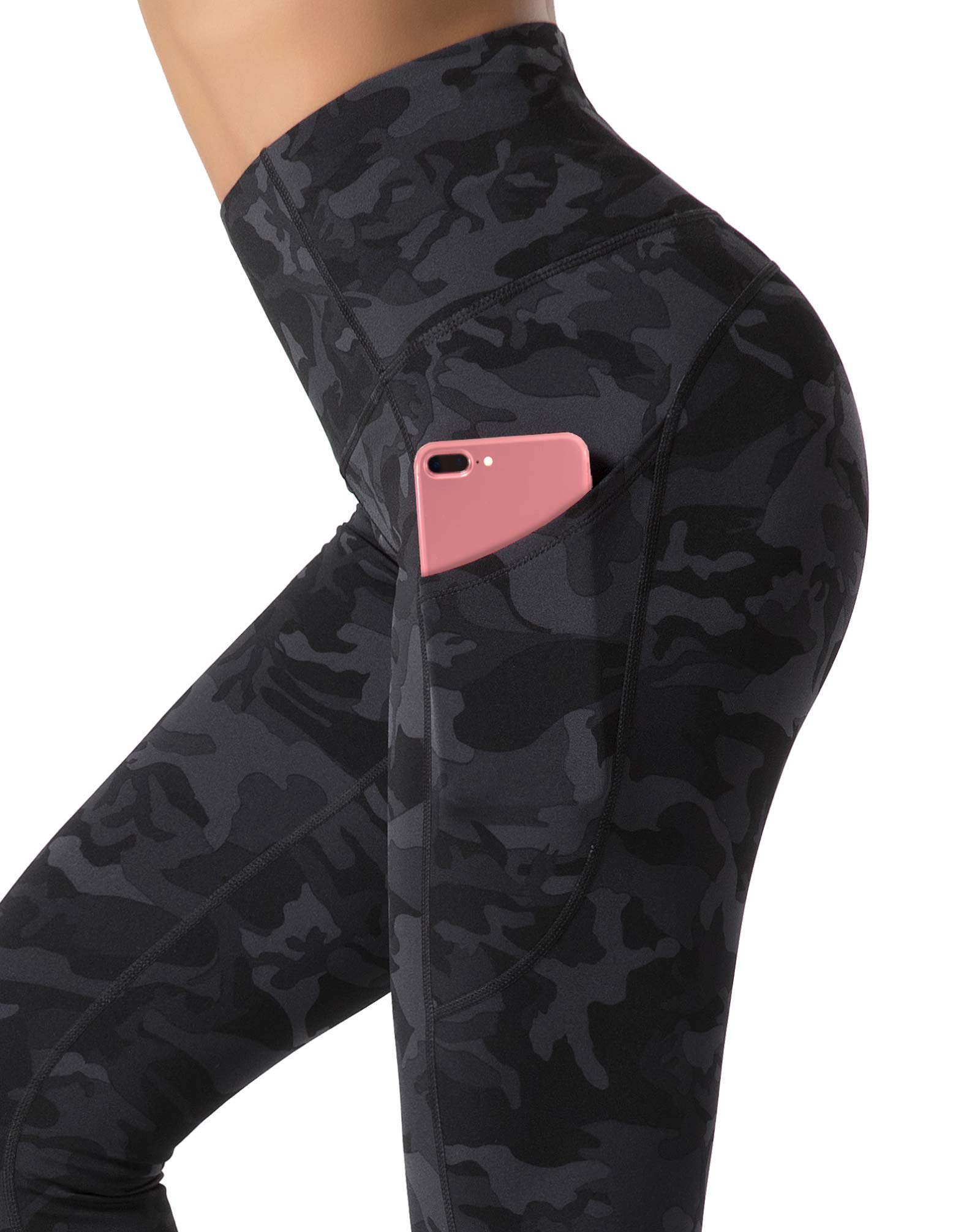 Dragon Fit High Waist Yoga Leggings with 3 Pockets,Tummy Control Workout Running 4 Way Stretch Yoga Pants (Small, Black&Grey Camo)