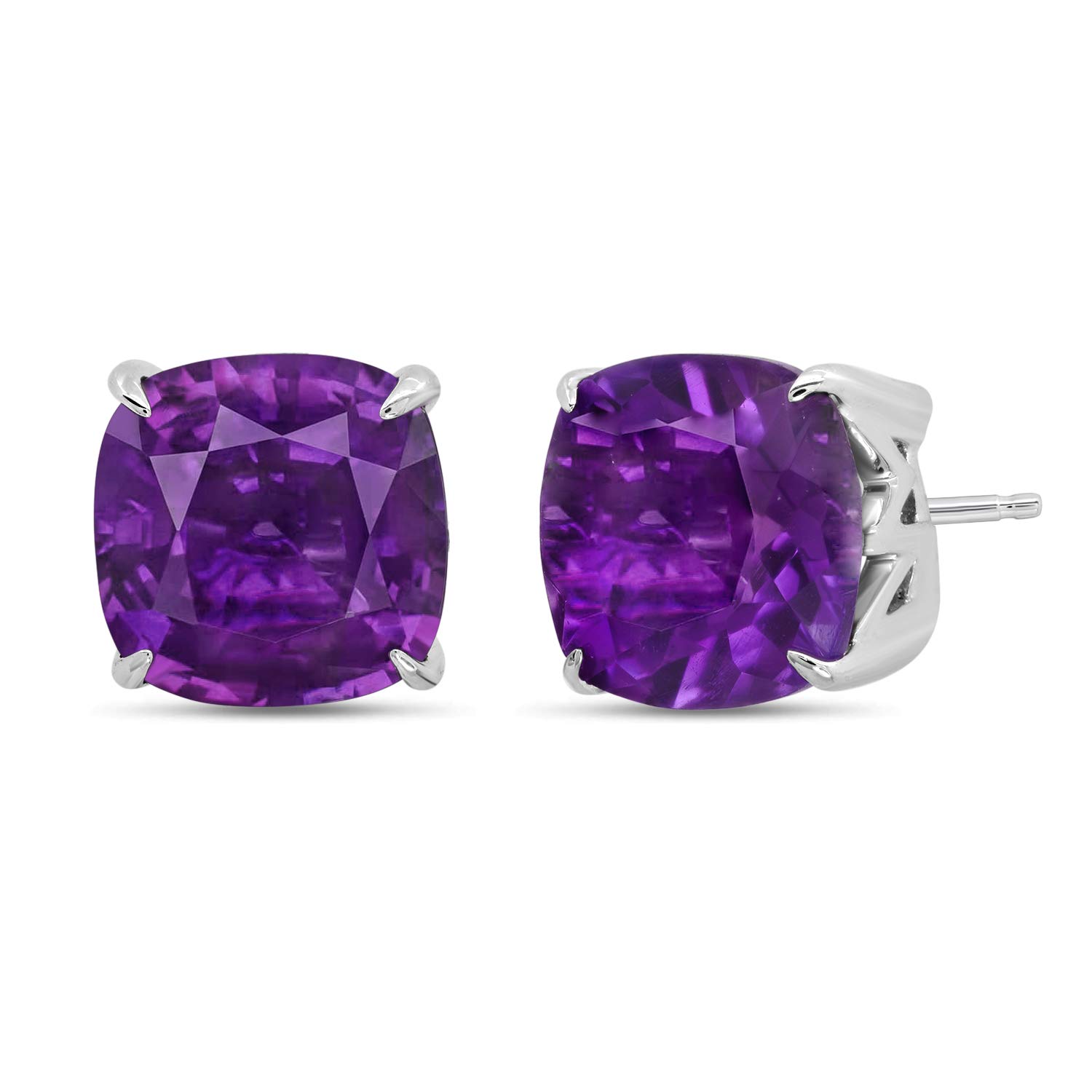 Genuine Gemstones February Birthstone Amethyst Earrings for Women Purple Studs 925 Sterling Silver Cushion Cut Hypoallergenic 3 CT 8mm Stud Set Push Back By Nicole Miller Fine Jewelry