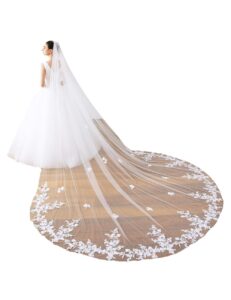 elawbty 1 tier floral lace wedding bridal veil for bride 3 m white cathedral length