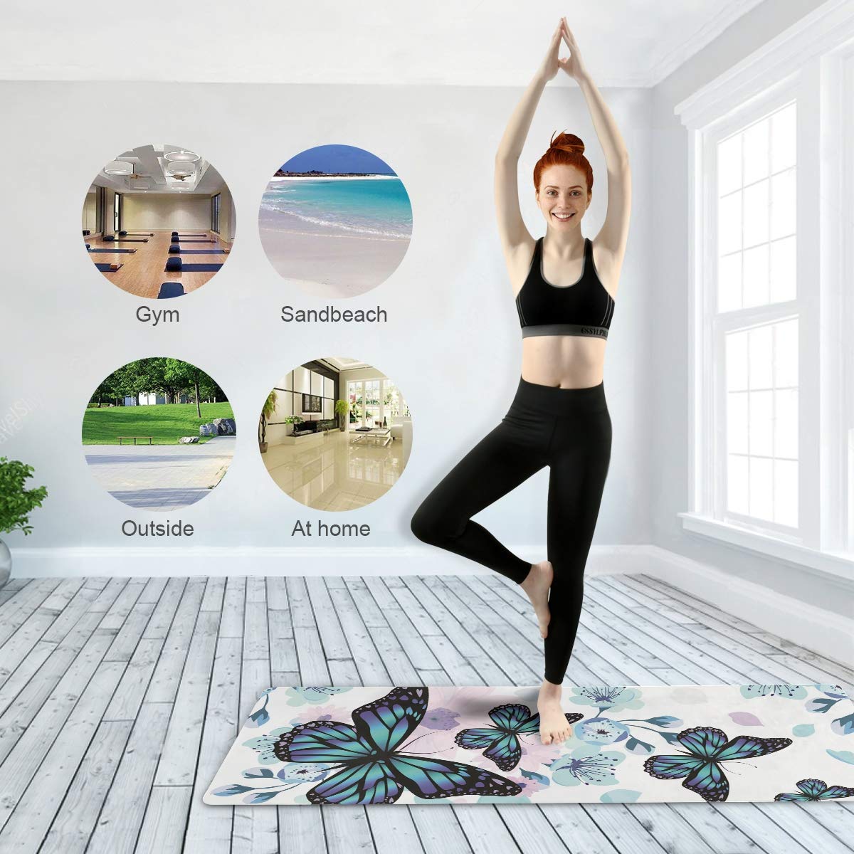 MOYYO Beautiful Flowers Butterfly Yoga Mat Printed Suede Natural Rubber Thin Hot Yoga Mat Non Slip Sweat Fitness Mat 71x26 Inch Portable Travel Yoga Mat for Yoga Pilates and Floor Exercises