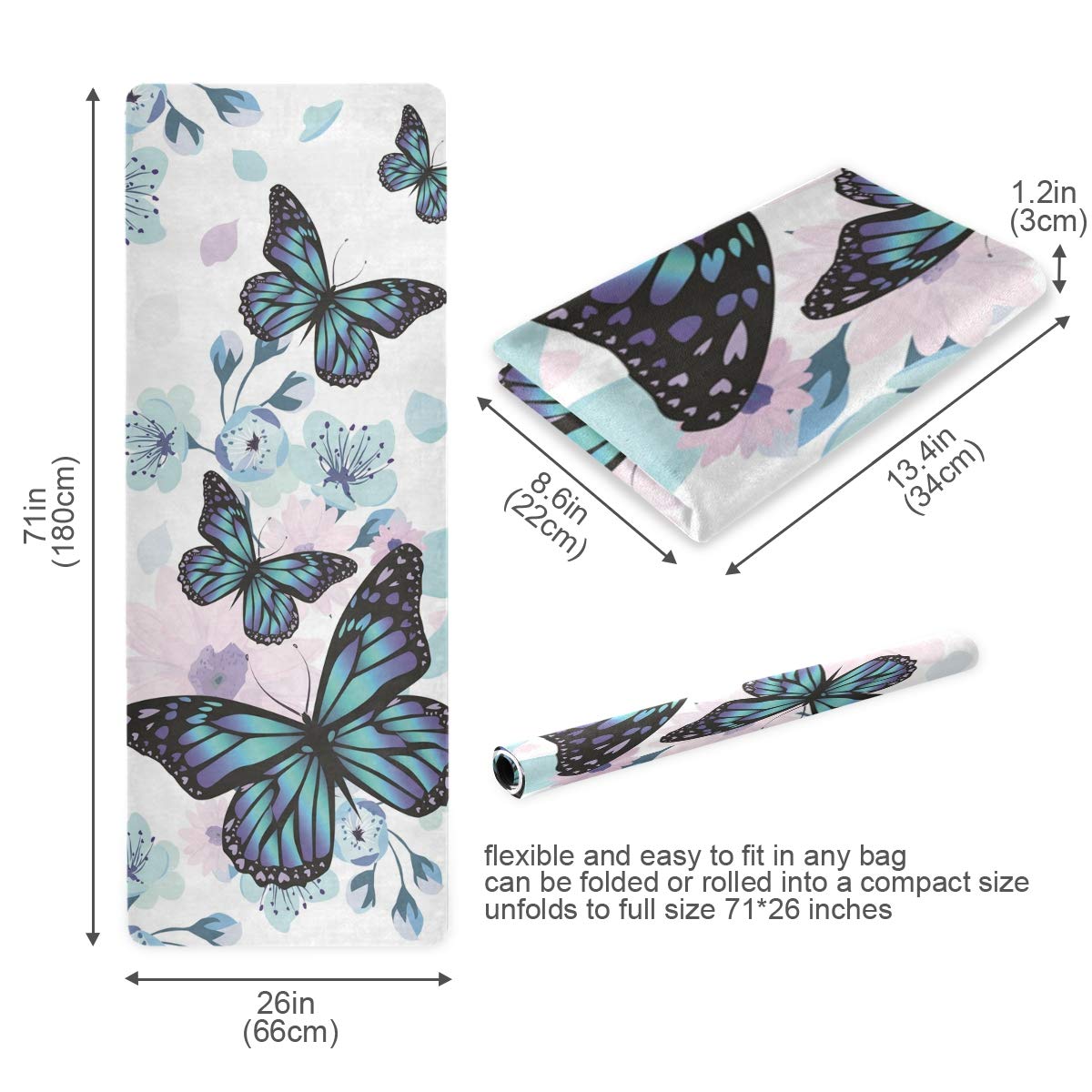 MOYYO Beautiful Flowers Butterfly Yoga Mat Printed Suede Natural Rubber Thin Hot Yoga Mat Non Slip Sweat Fitness Mat 71x26 Inch Portable Travel Yoga Mat for Yoga Pilates and Floor Exercises