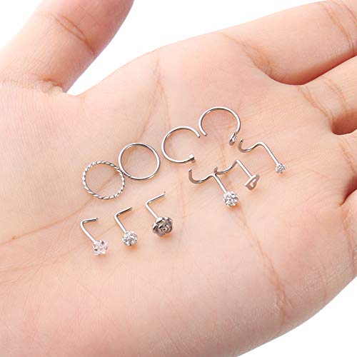 ONESING 40 PCS 20G Nose Piercings Jewelry Nose Rings Hoops Studs Screw 316L L Shaped Stainless Steel for Women Men