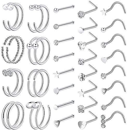 ONESING 40 PCS 20G Nose Piercings Jewelry Nose Rings Hoops Studs Screw 316L L Shaped Stainless Steel for Women Men