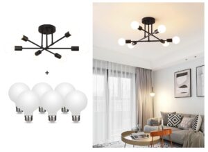 dellemade modern sputnik chandelier, 6-light ceiling light, 6 led light bulbs included for bedroom,dining room,kitchen,office (black)