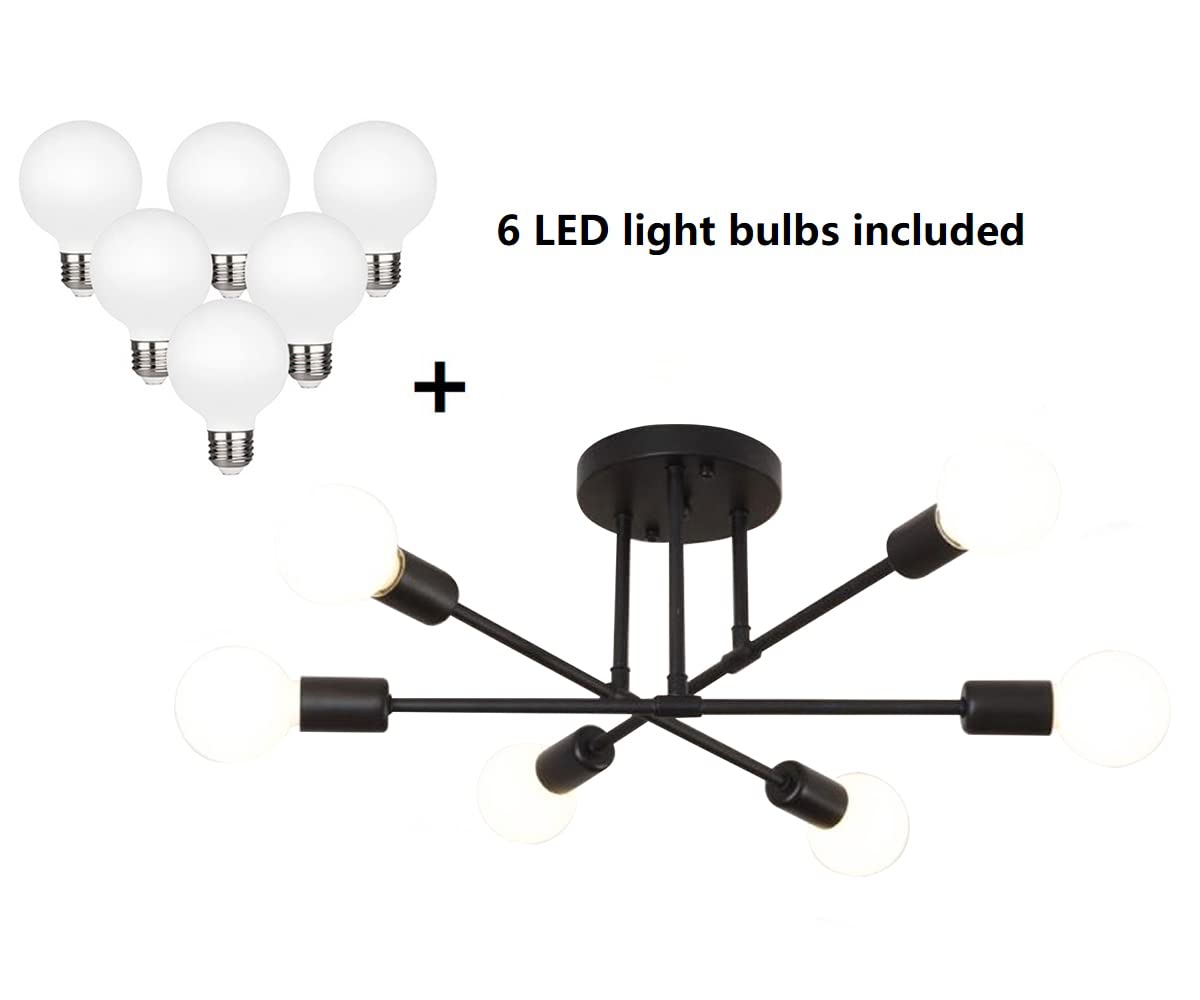 Dellemade Modern Sputnik Chandelier, 6-Light Ceiling Light, 6 LED Light Bulbs Included for Bedroom,Dining Room,Kitchen,Office (Black)