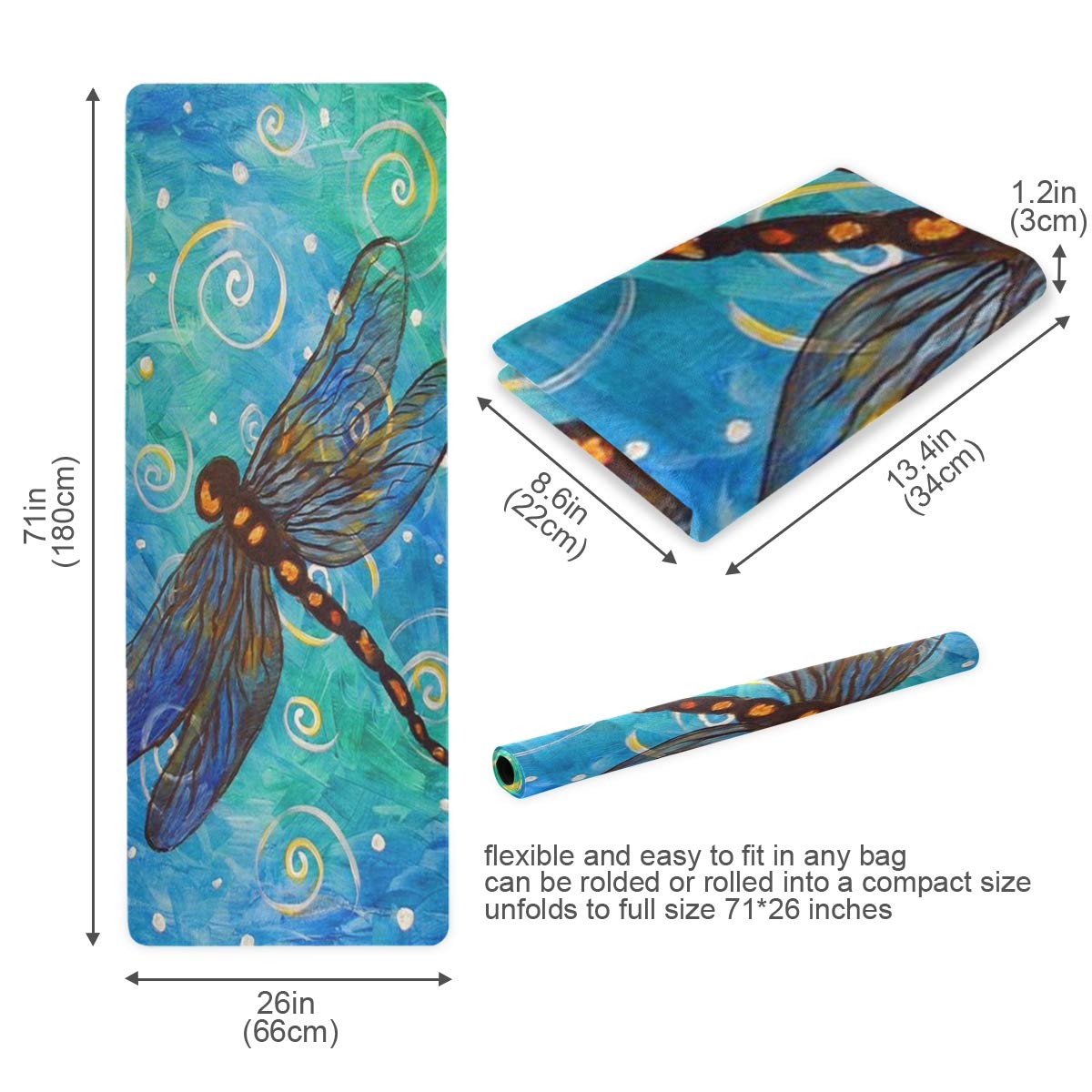 Baofu Galaxy Dragonfly Non Slip Yoga Mat Exercise Fitness Eco Friendly Hot Mat Long TPE Foldable Natural Non-Toxic Pilates Mat with Carrying Bag 71"x26"