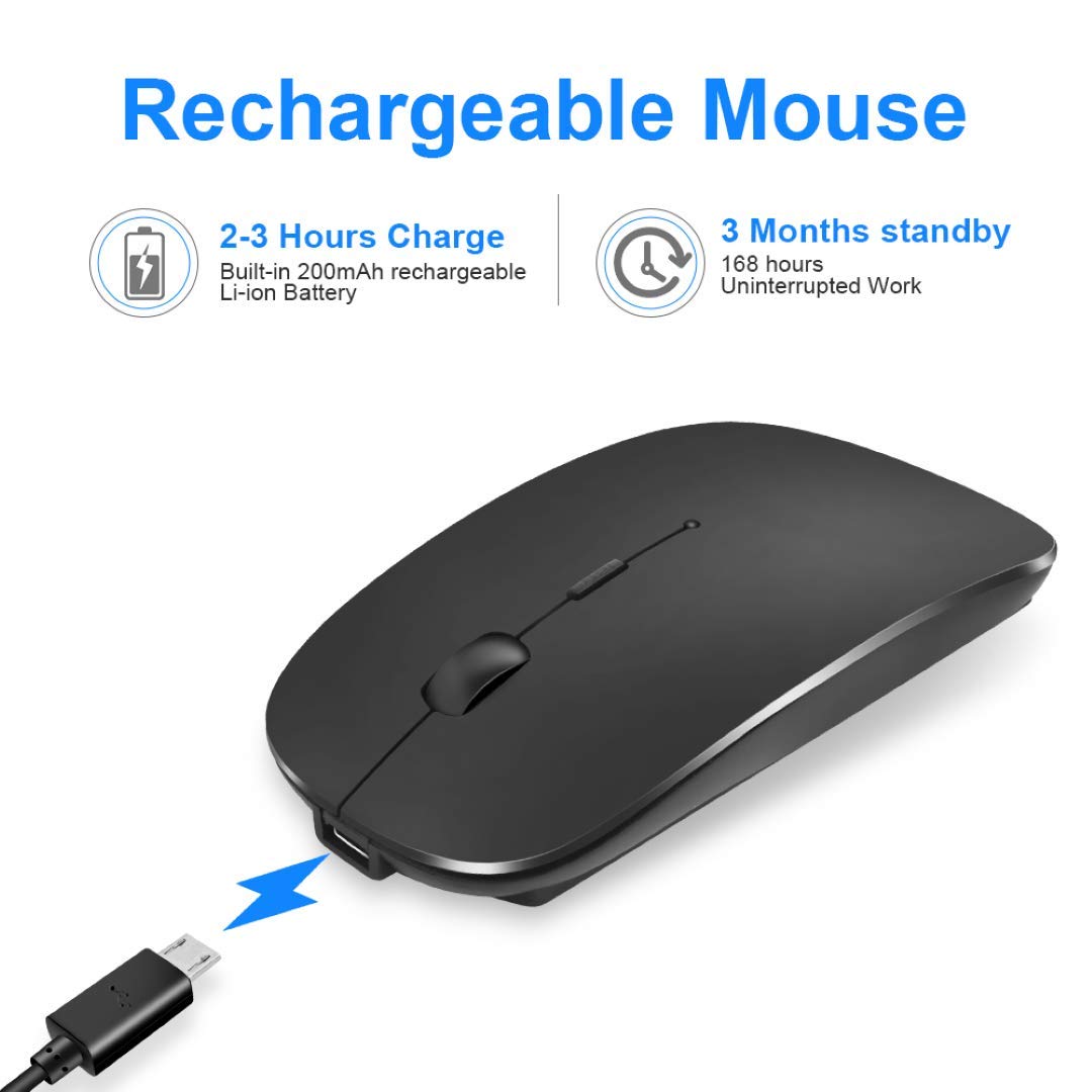 XBOSS X4 Ultra Thin 2.4GHz and Bluetooth Wireless Rechargeable Optical Mouse Computer PC Mice with USB Adapter for Mac Windows Linux Mouse Wireless (Black with Bluetooth + 2.4Ghz)