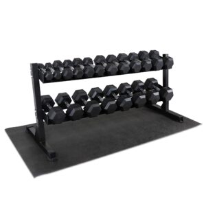 wf athletic supply rubber coated hex dumbbell set, multiple choices available - dumbbells with rack stand and mat, or dumbbells only (200/550/1200/2100/3000 lb) (d. 5-50lb w/ 2-tier rack and mat)