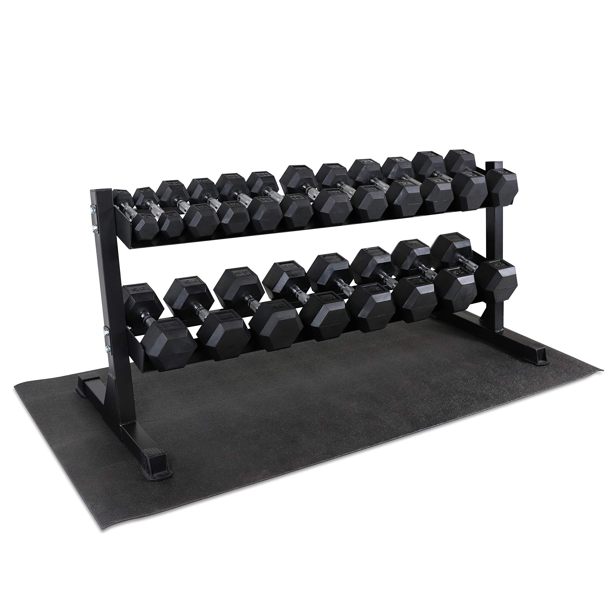 WF Athletic Supply Rubber Coated Hex Dumbbell Set, Multiple Choices Available - Dumbbells with Rack Stand and Mat, or Dumbbells Only (200/550/1200/2100/3000 LB) (d. 5-50LB w/ 2-tier Rack and Mat)