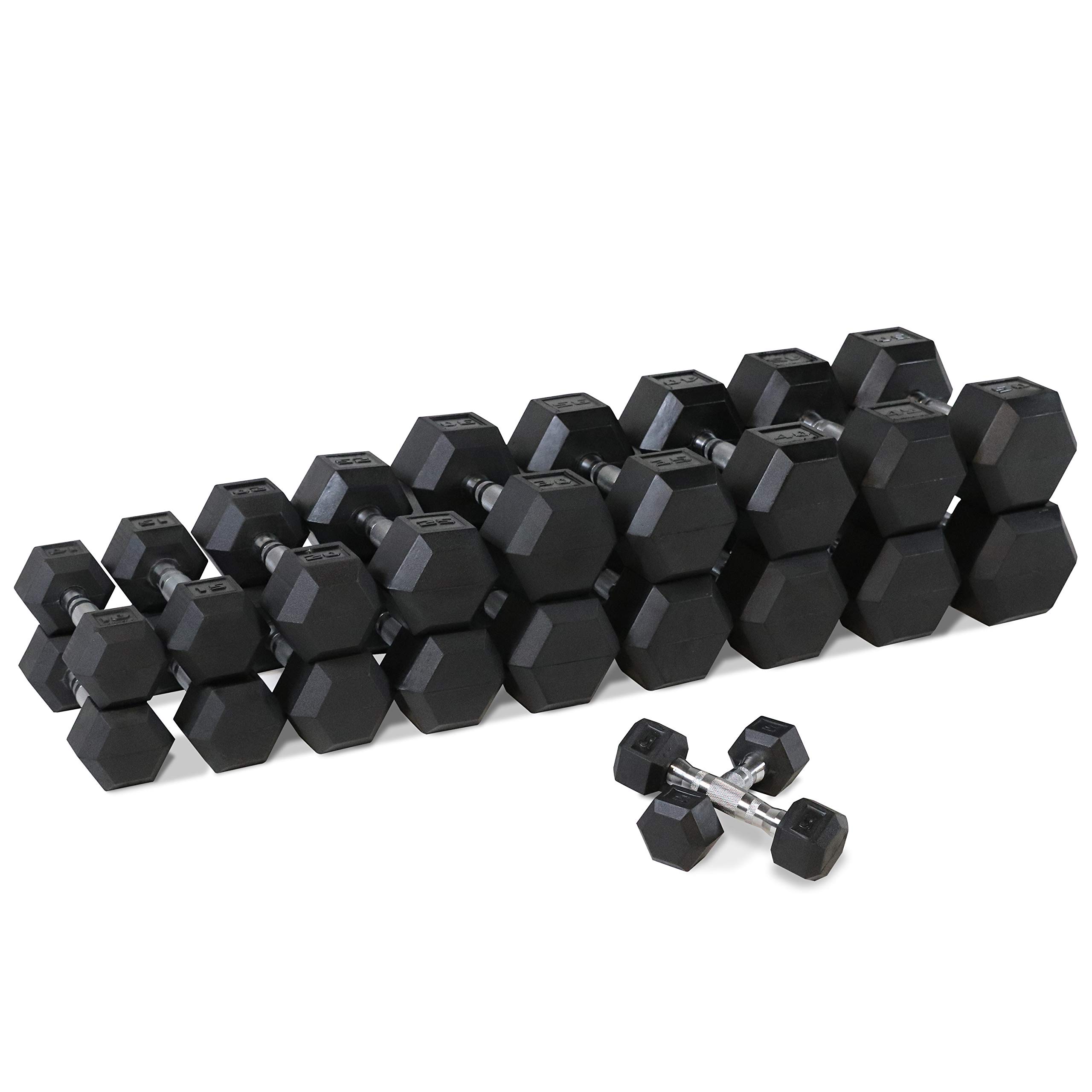 WF Athletic Supply Rubber Coated Hex Dumbbell Set, Multiple Choices Available - Dumbbells with Rack Stand and Mat, or Dumbbells Only (200/550/1200/2100/3000 LB) (d. 5-50LB w/ 2-tier Rack and Mat)