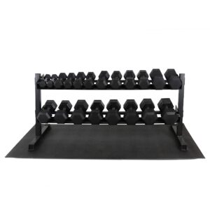 WF Athletic Supply Rubber Coated Hex Dumbbell Set, Multiple Choices Available - Dumbbells with Rack Stand and Mat, or Dumbbells Only (200/550/1200/2100/3000 LB) (d. 5-50LB w/ 2-tier Rack and Mat)