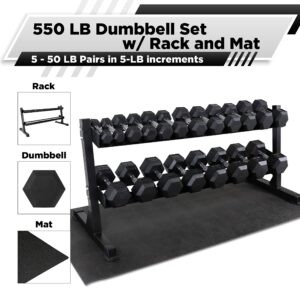 WF Athletic Supply Rubber Coated Hex Dumbbell Set, Multiple Choices Available - Dumbbells with Rack Stand and Mat, or Dumbbells Only (200/550/1200/2100/3000 LB) (d. 5-50LB w/ 2-tier Rack and Mat)