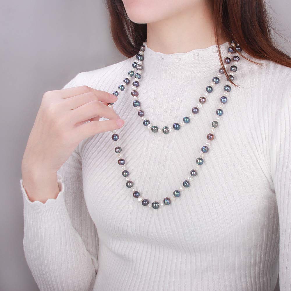 LGSY 7-8mm White Black Freshwater Cultured Pearl Necklace for Women's Pearl Strand Necklaces