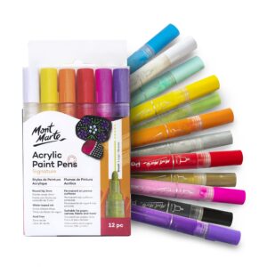 mont marte signature acrylic paint pens, 12 piece, waterproof, suitable for most surfaces including canvas, card and rock, round tip (3mm)