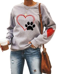 love heart dog paw print sweatshirts women long sleeve pullover tops casual blouse mother's day gray x-large